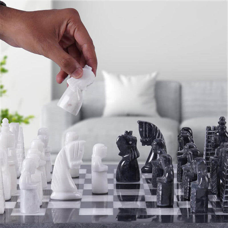 15" Marble Chess Set Black & White (with box) – Marbly Pakistan