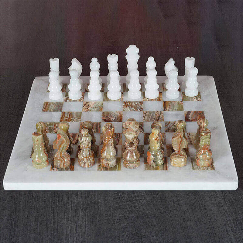 White & green onyx 12" marble chess set (with box) – Marbly Pakistan