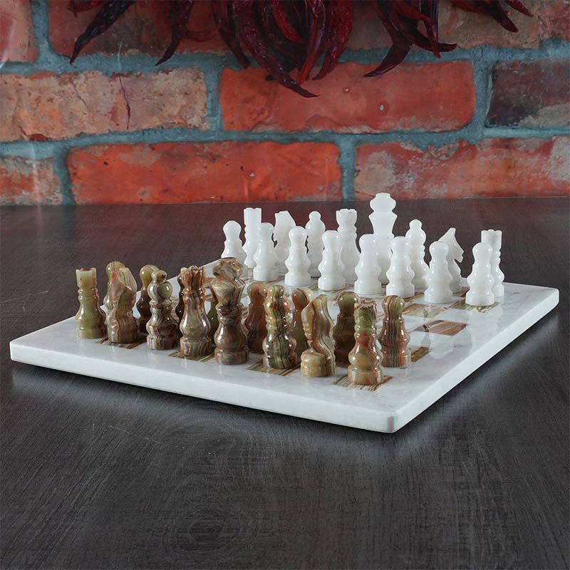 White & green onyx 12" marble chess set (with box) – Marbly Pakistan