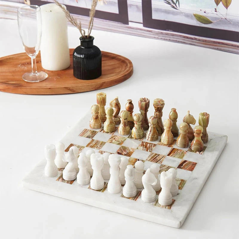 White & green onyx 12" marble chess set (with box)