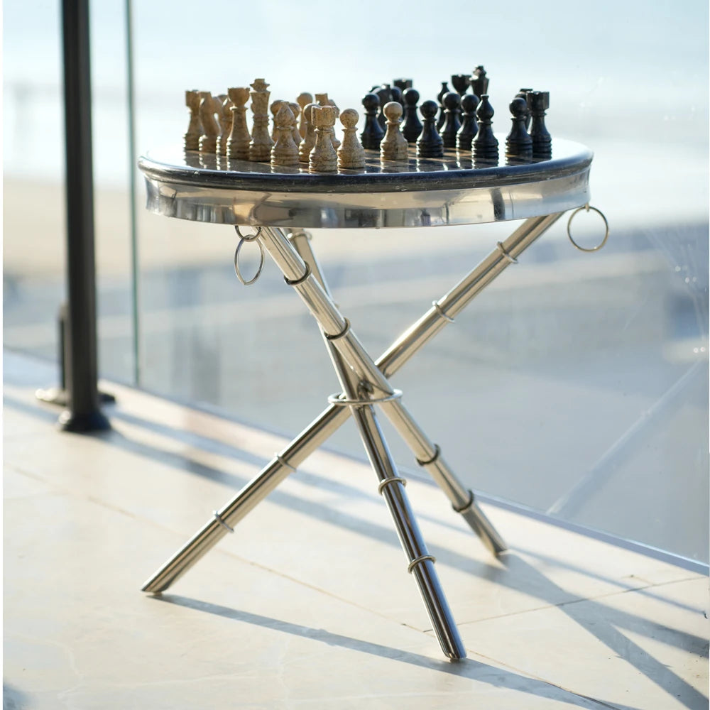 20 Round Marble Chess Table – Silver Stand Edition – Marbly Pakistan