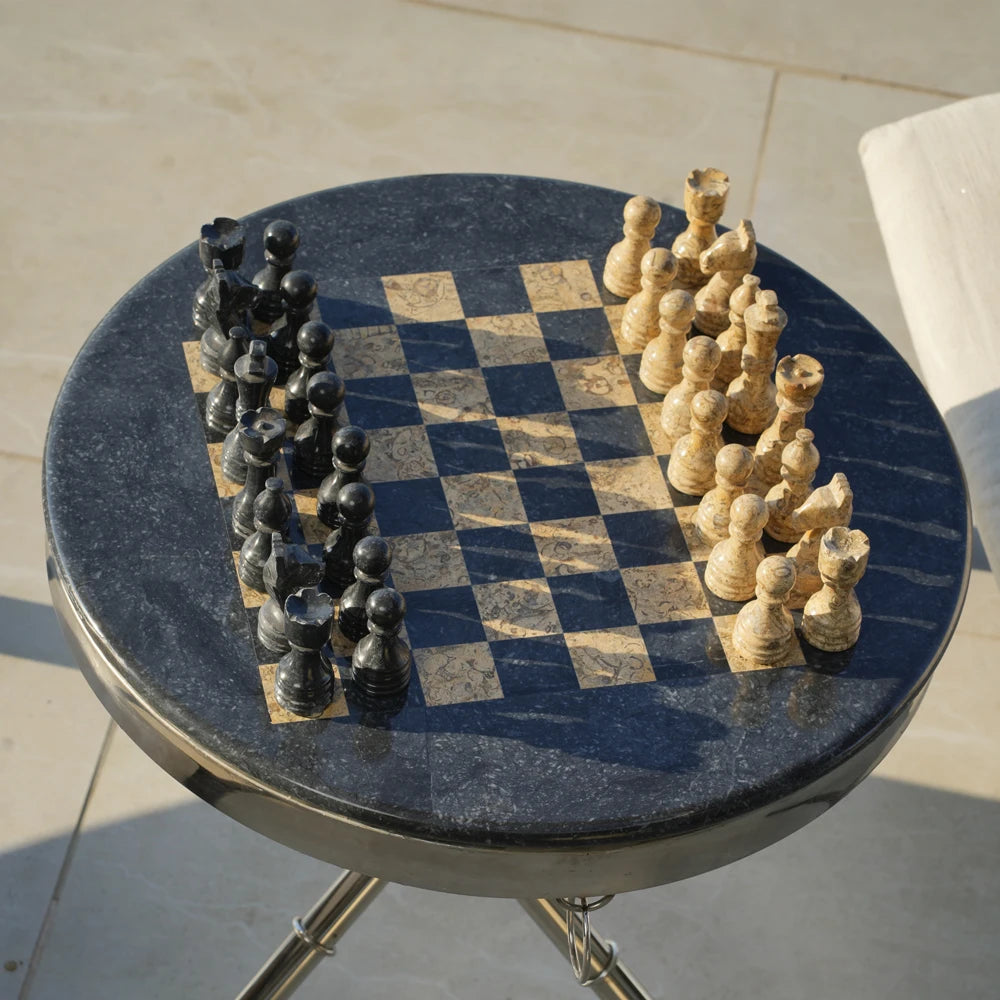 20 Round Marble Chess Table – Silver Stand Edition